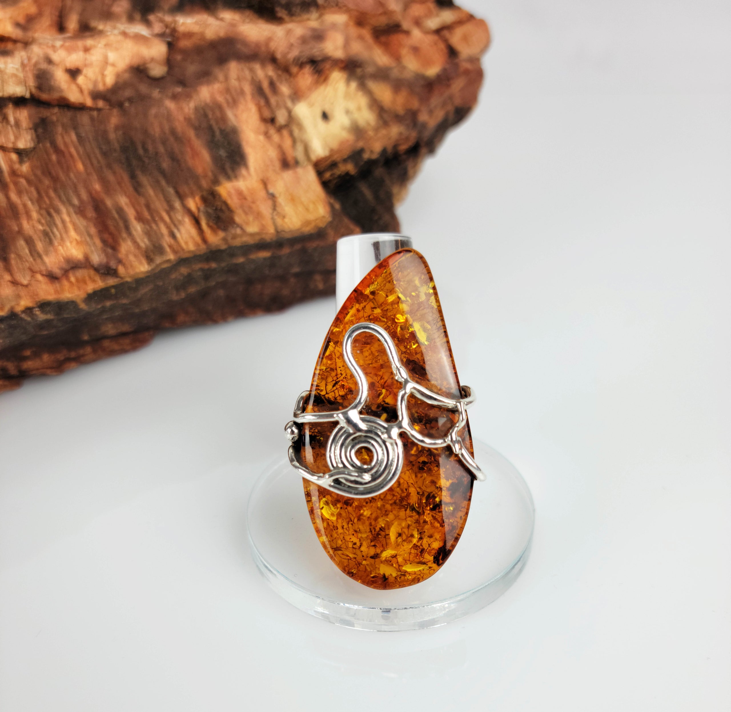 Large Amber Ring w/ Silver Design - Shop Online | touchstone gallery